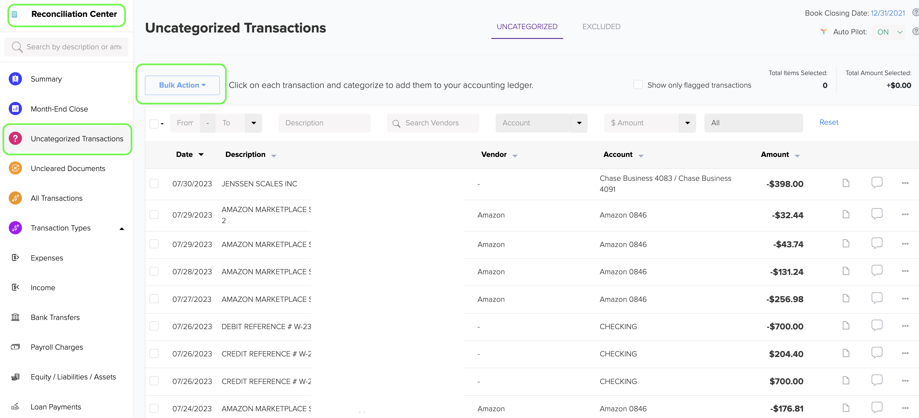 Uncategorized Transactions: Bulk Actions and Bulk Categorization of Transactions